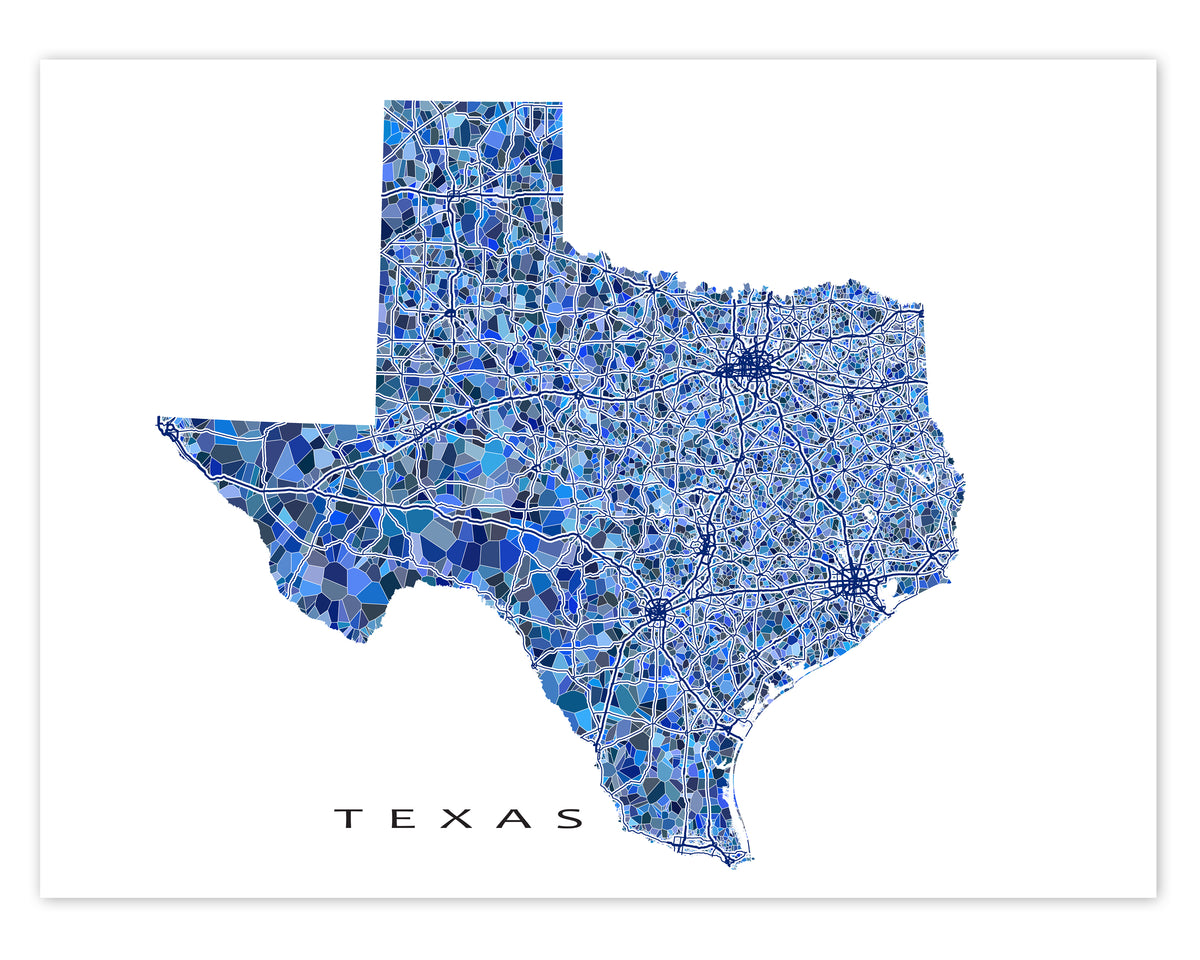 Texas Map USA, Blue Geometric Texas Art Prints, TX State Print Poster ...