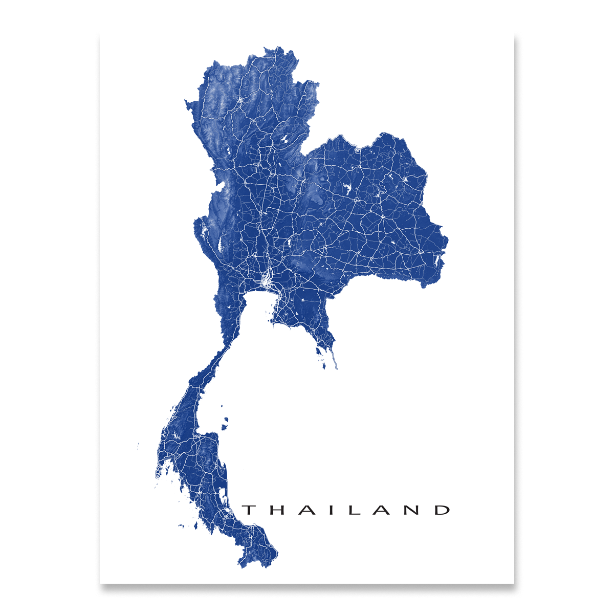 Thailand Map Wall Art Print Poster, Topographic Thailand Country Road ...