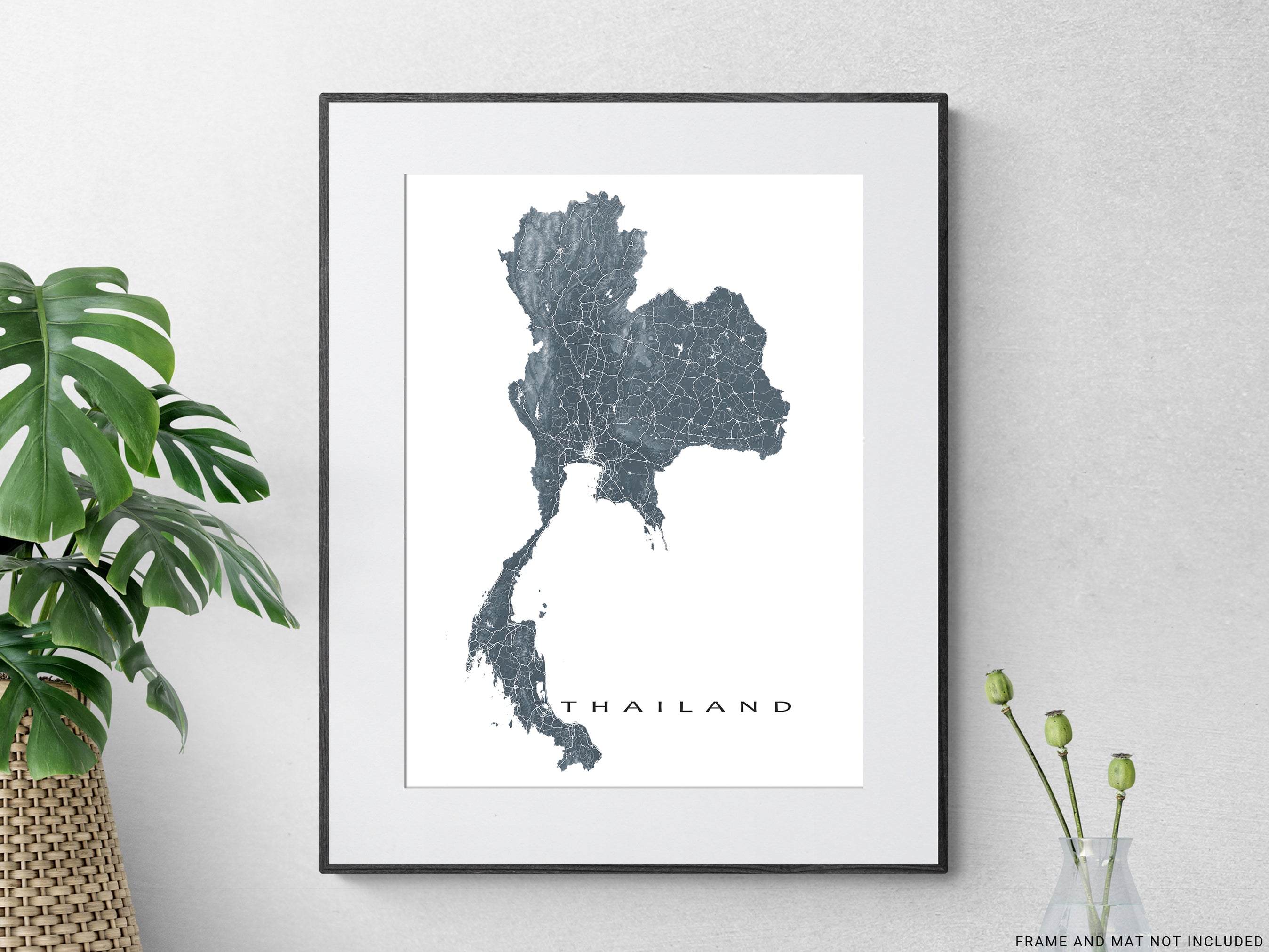 Thailand Map Wall Art Print Poster, Topographic Thailand Country Road ...