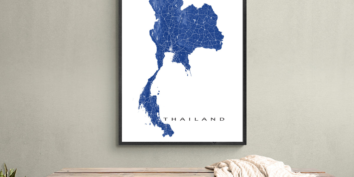 Thailand Map Wall Art Print Poster, Topographic Thailand Country Road ...