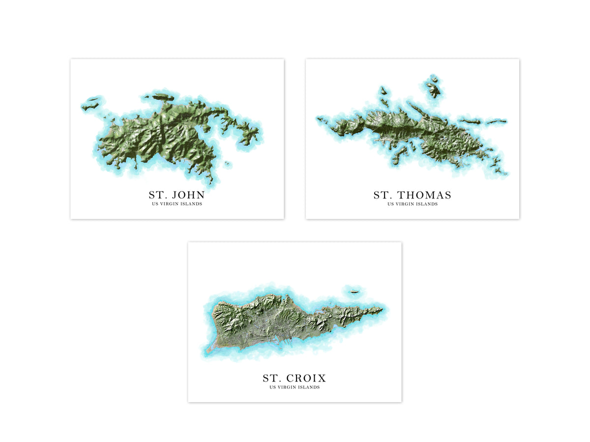 Set of 3 Prints, US Virgin Islands Watercolor Style Map Wall Art Print ...