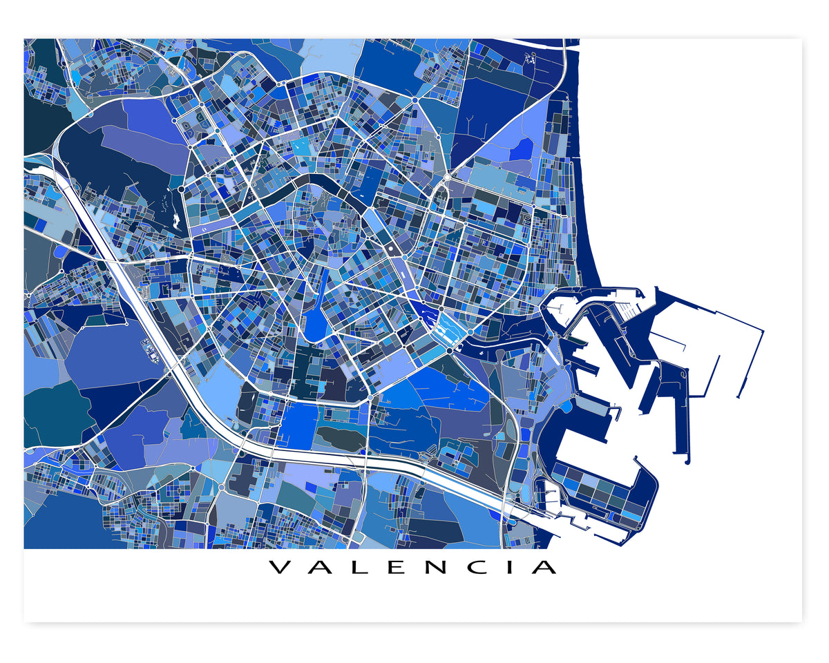 Valencia Spain City Street Map Wall Art Print Poster with Blue Geometr ...