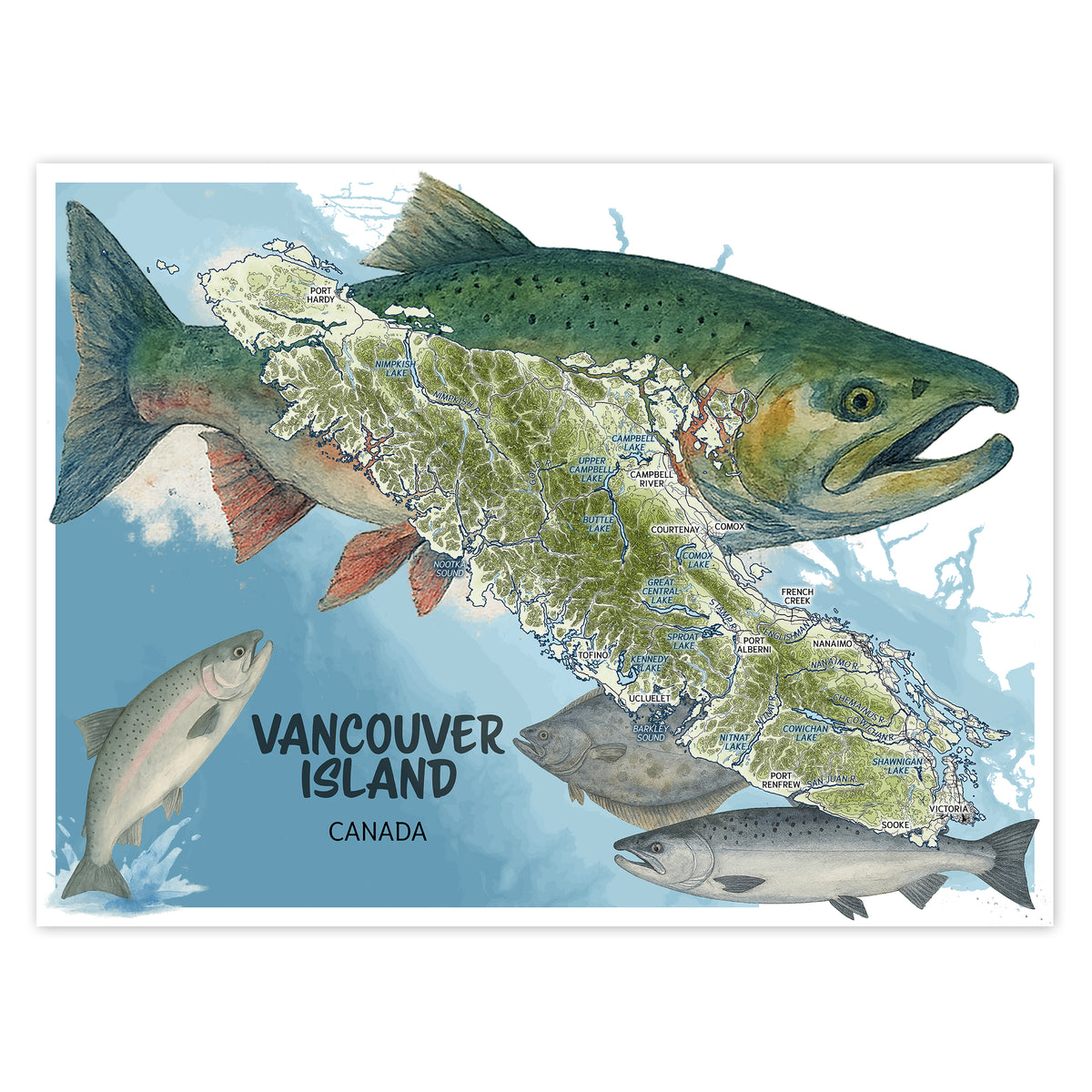 Vancouver Island Fishing Map Art - Chinook Coho Salmon Steelhead Trout ...