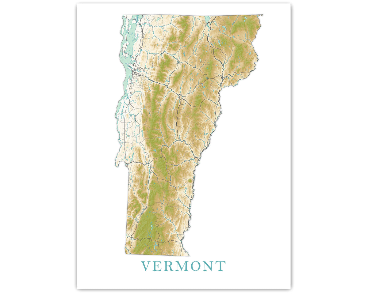 Vermont State Wall Art Map Print Poster, Topographic Landscape Art VT ...