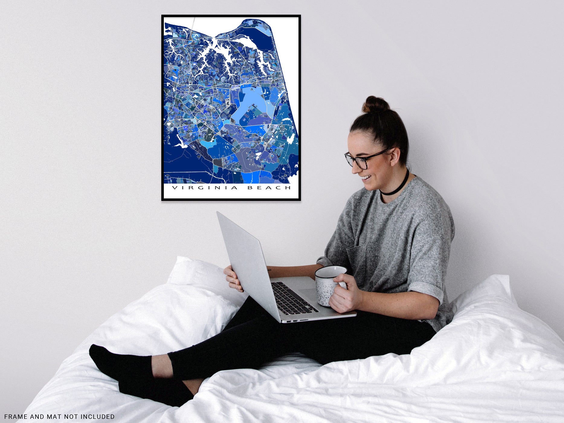 Virginia Beach City Street Map Wall Art Print Poster, Blue Geometric D ...