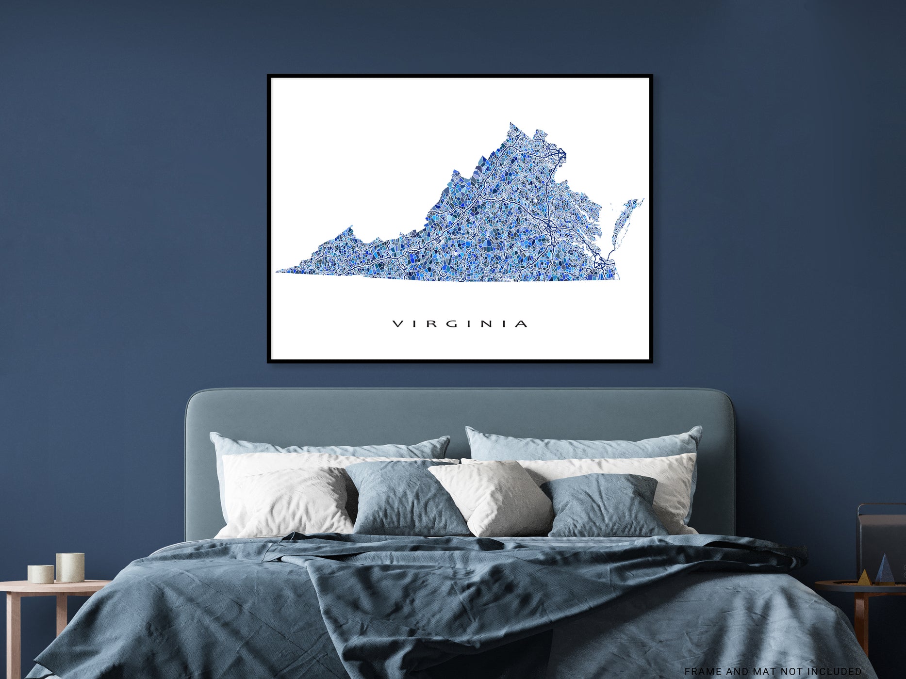 Virginia State Map Print Poster, Blue Geometric VA Wall Art Road Maps ...