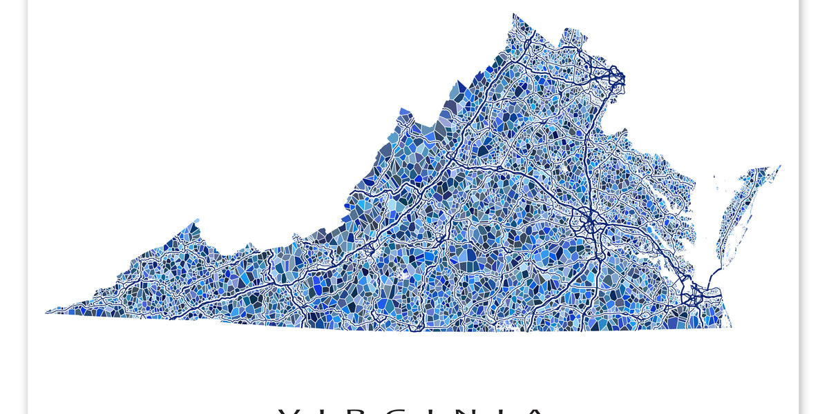 Virginia State Map Print Poster, Blue Geometric VA Wall Art Road Maps ...
