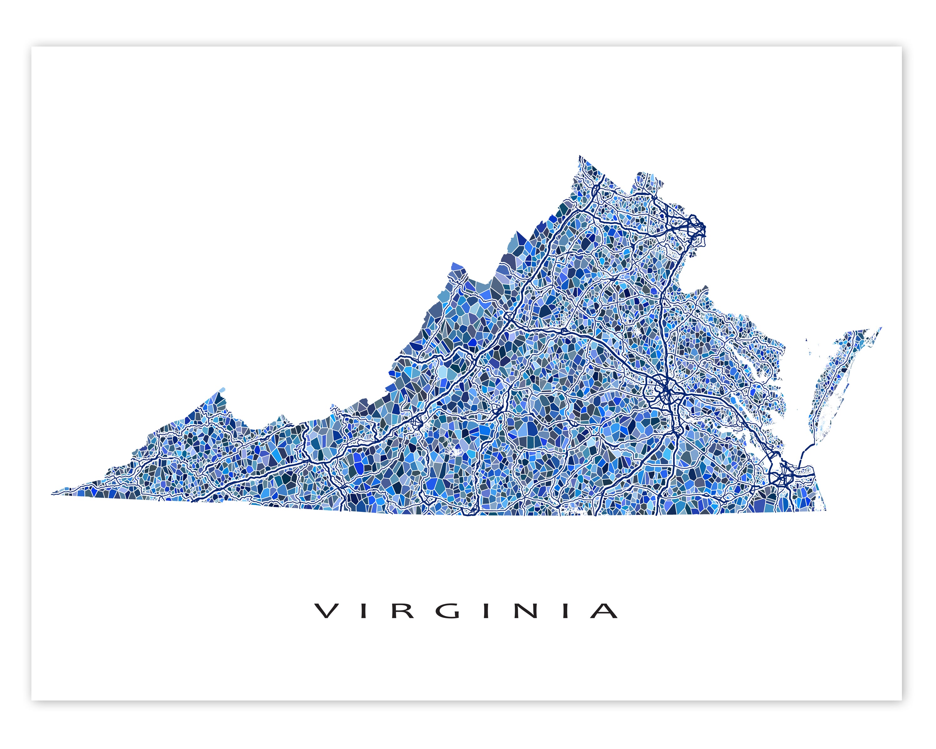 Virginia State Map Print Poster, Blue Geometric VA Wall Art Road Maps ...
