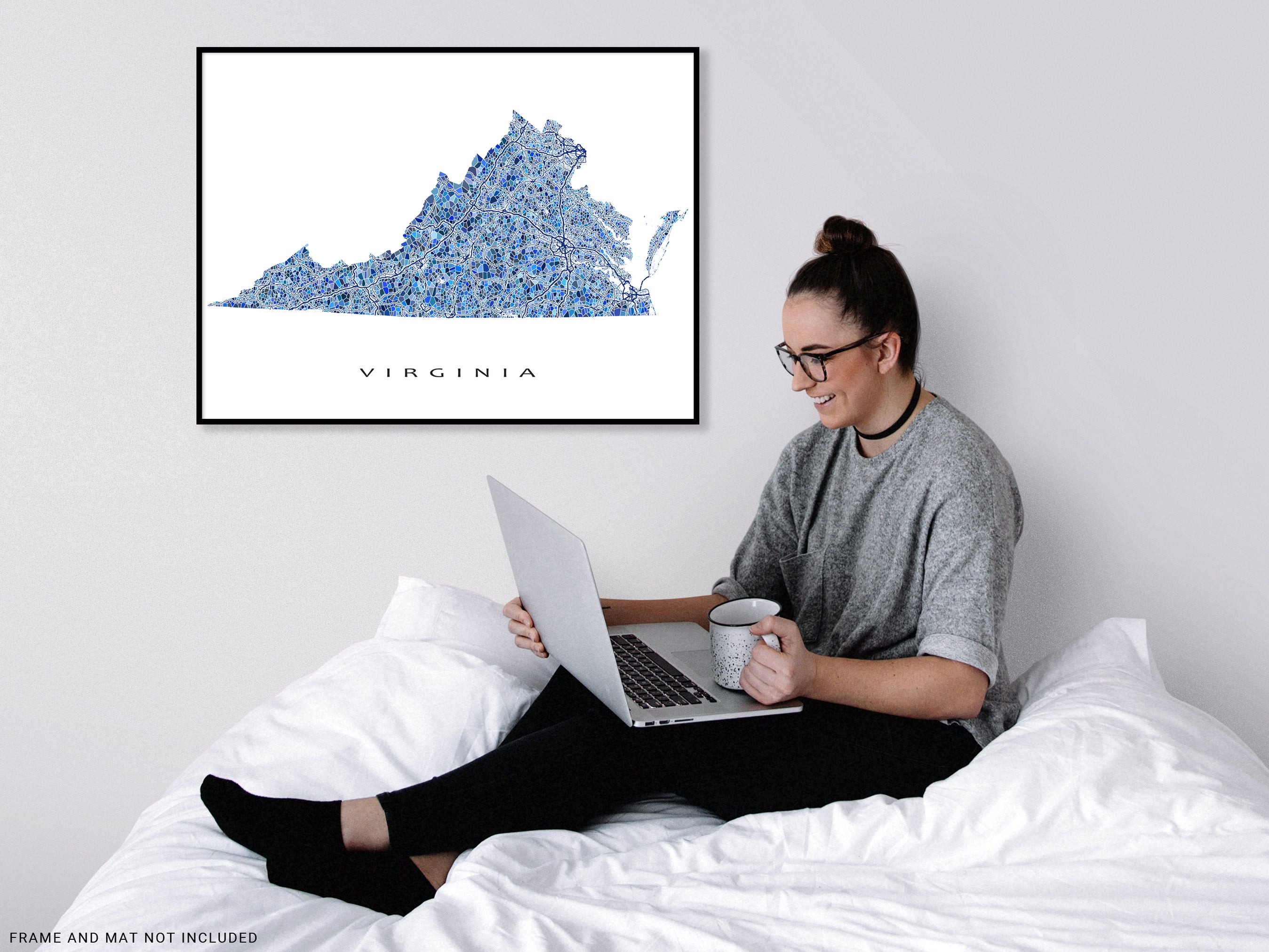Virginia State Map Print Poster, Blue Geometric VA Wall Art Road Maps ...