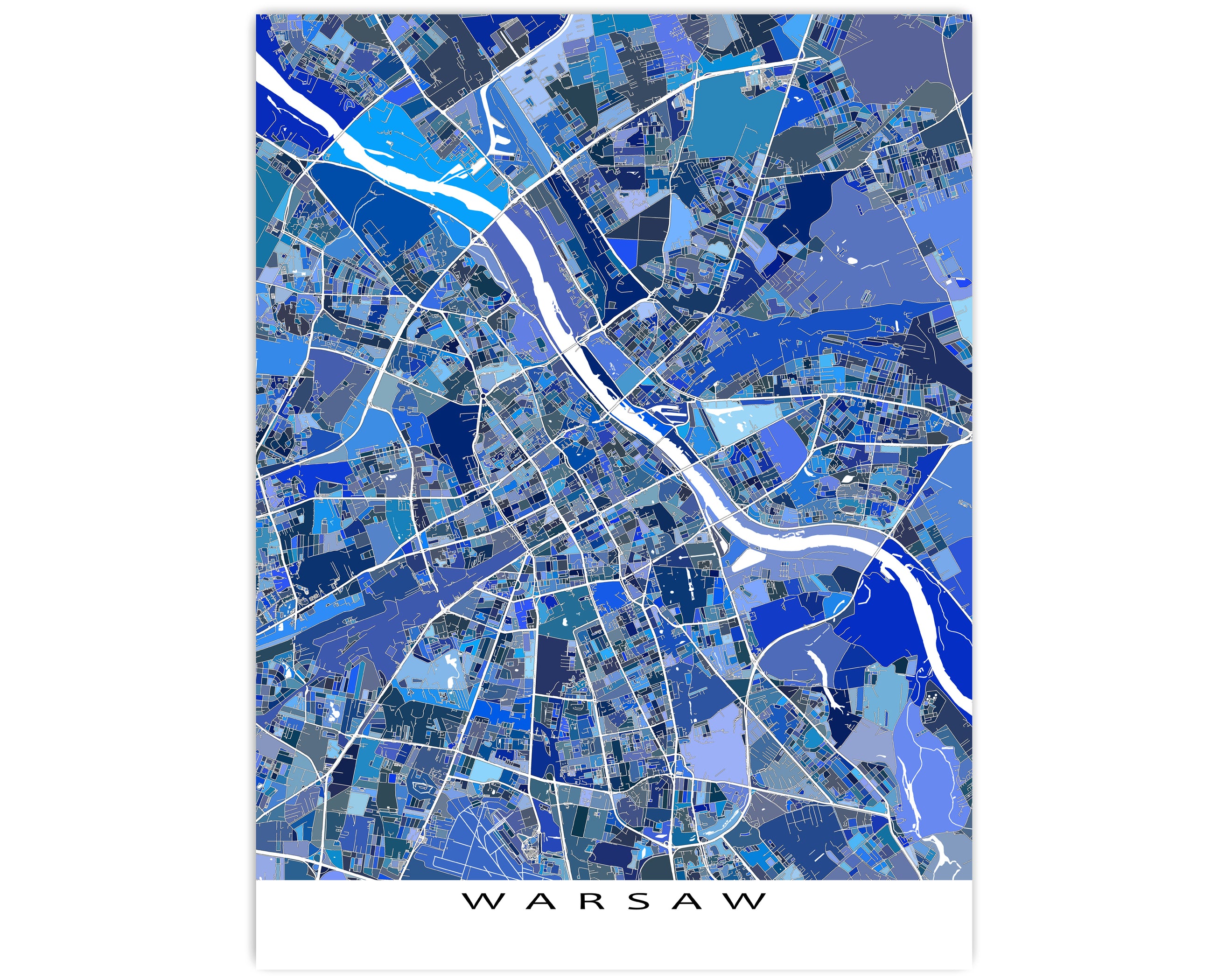 Warsaw Poland City Street Map Wall Art Print Poster with Blue Geometri ...