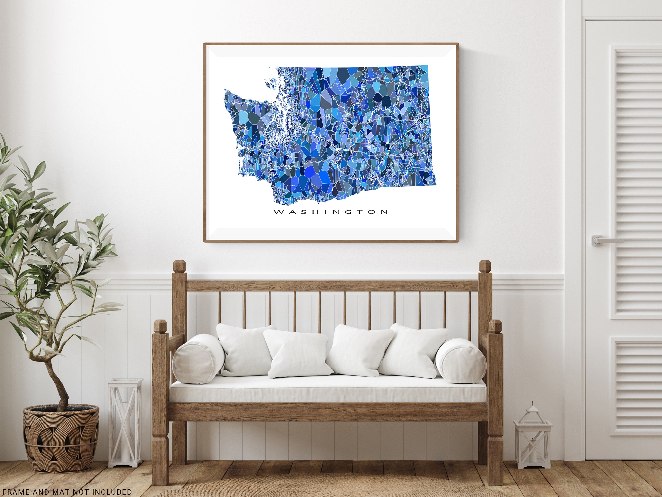 Washington State Map Print Poster with Blue Geometric Wall Art Design ...