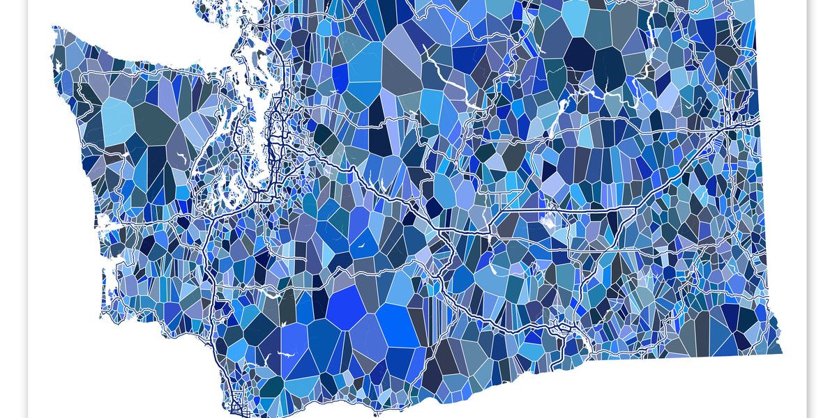 Washington State Map Print Poster with Blue Geometric Wall Art Design ...