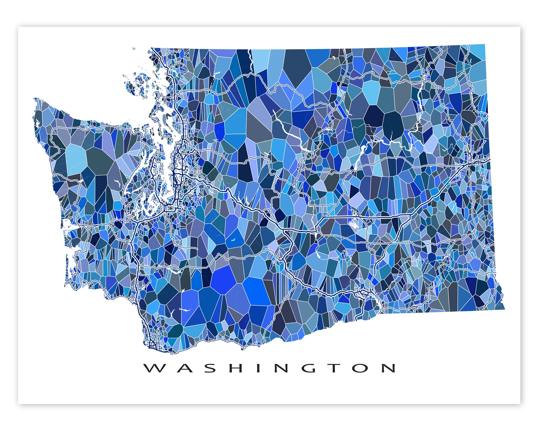 Washington State Map Print Poster with Blue Geometric Wall Art Design ...