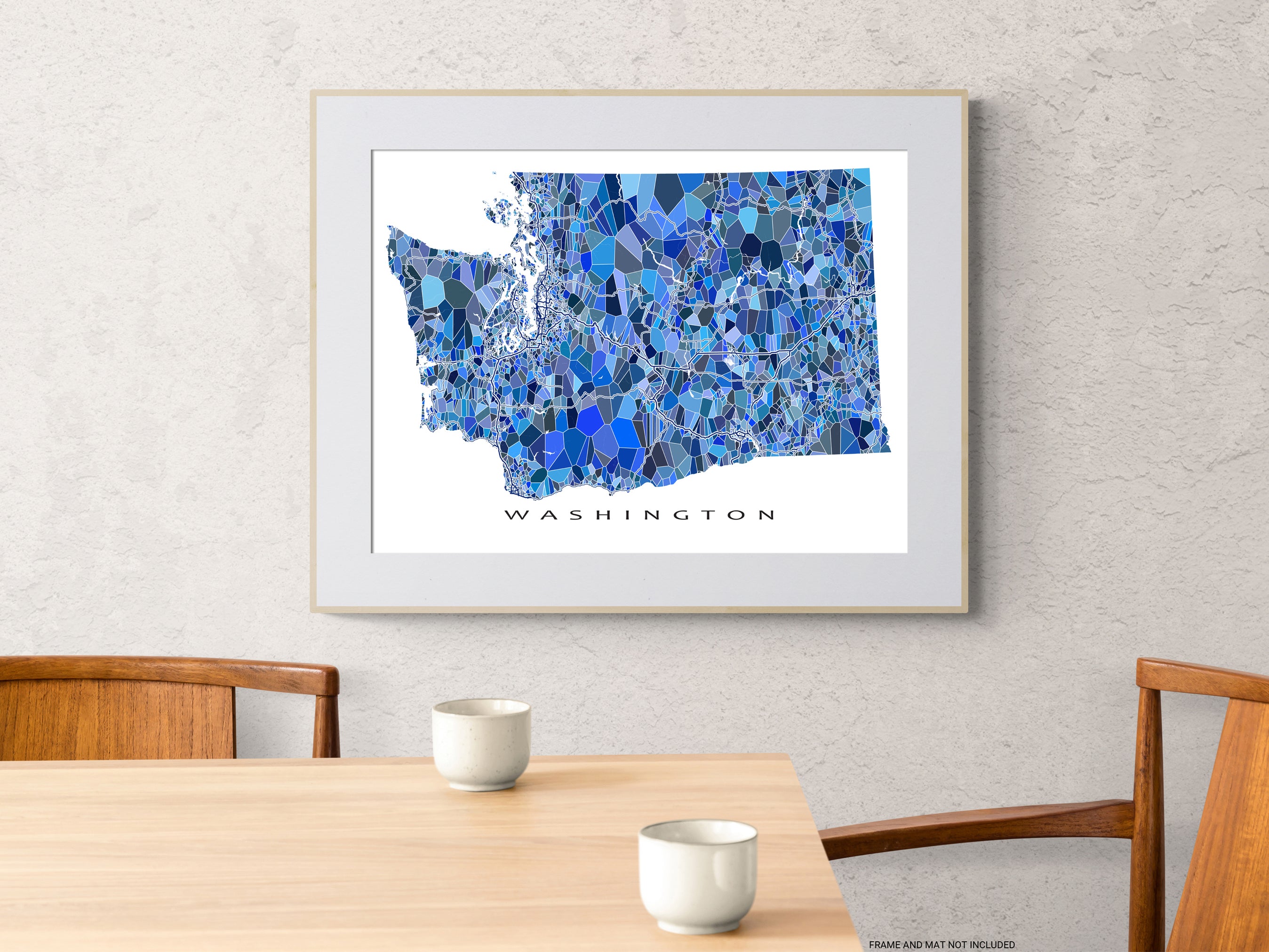 Washington State Map Print Poster with Blue Geometric Wall Art Design ...