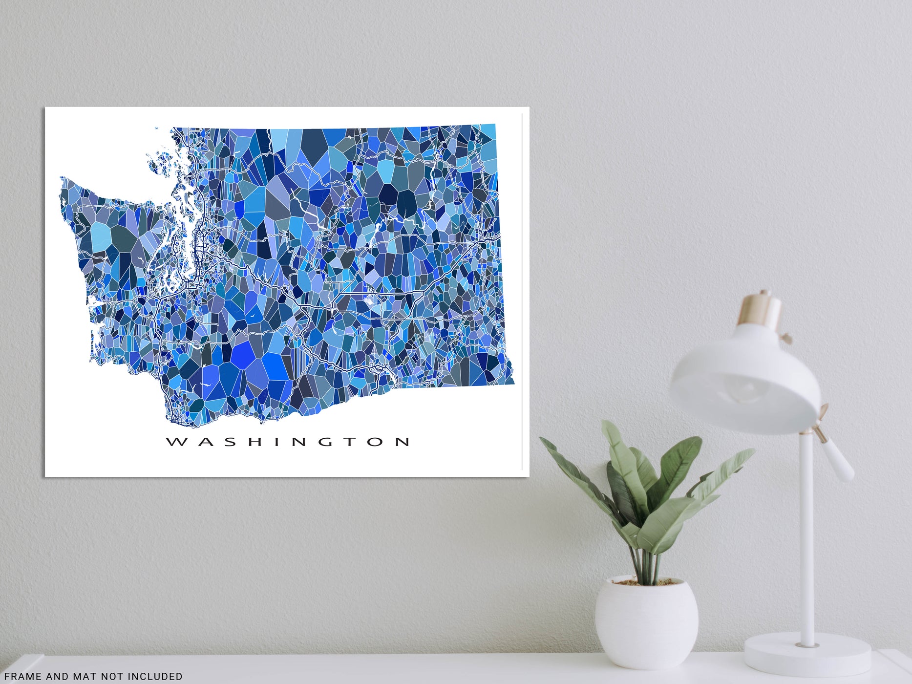 Washington State Map Print Poster with Blue Geometric Wall Art Design ...