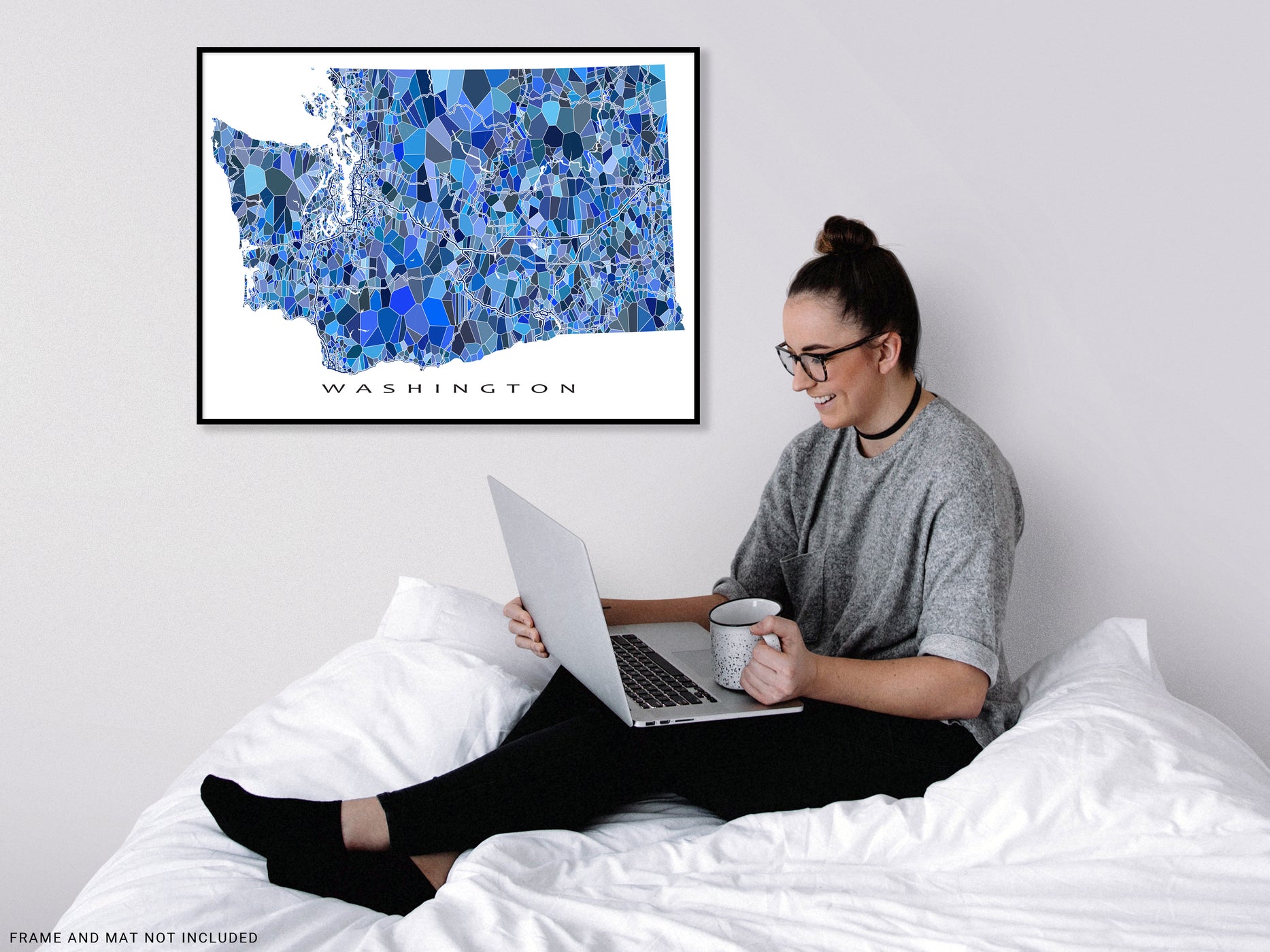 Washington State Map Print Poster with Blue Geometric Wall Art Design ...