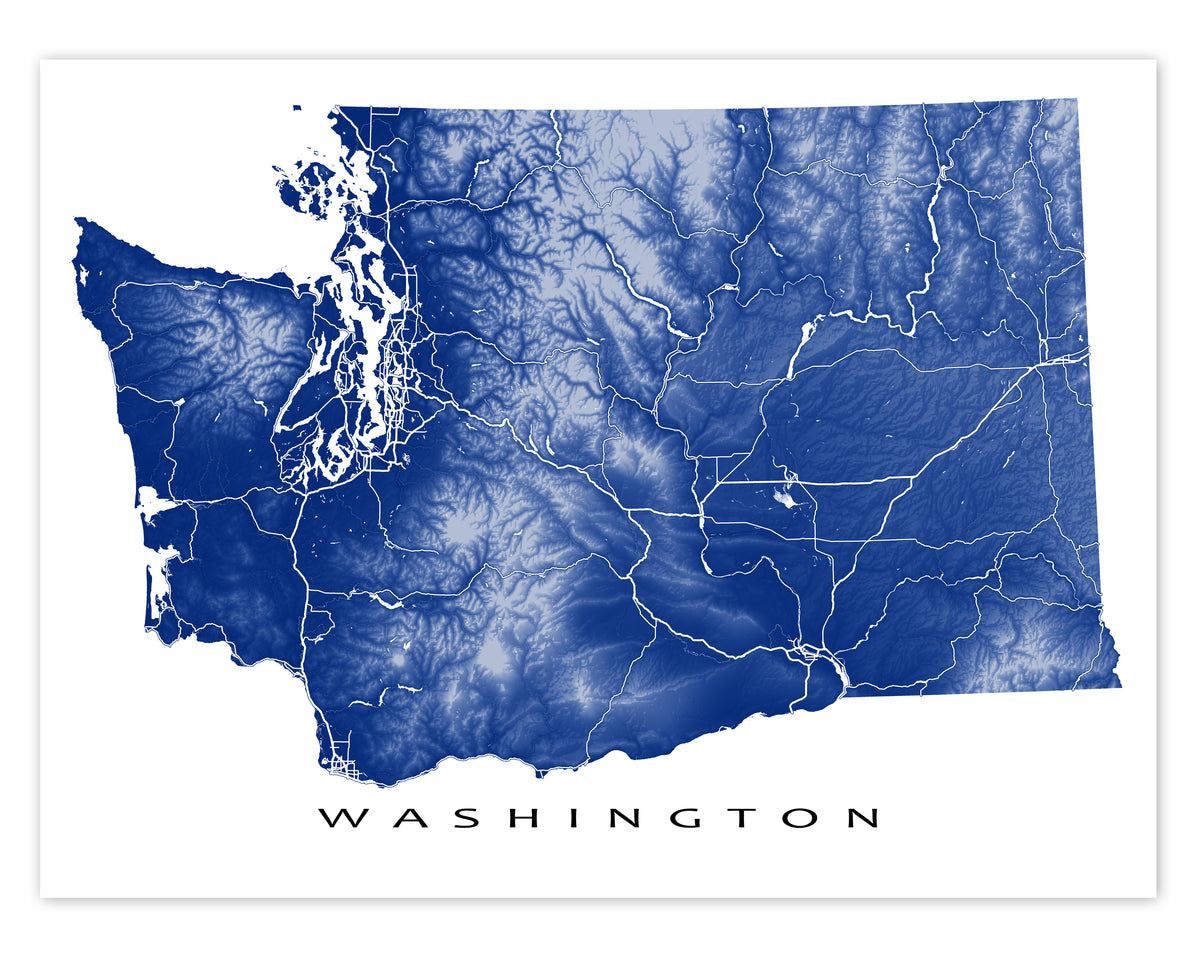 Washington Map Wall Art Print Poster, Topographic WA State Road Maps ...