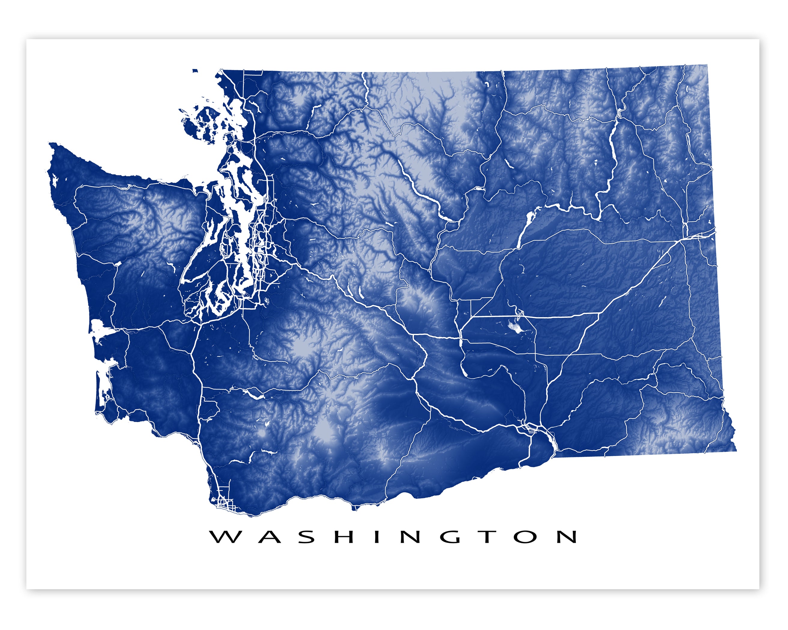 Washington Map Wall Art Print Poster, Topographic WA State Road Maps ...