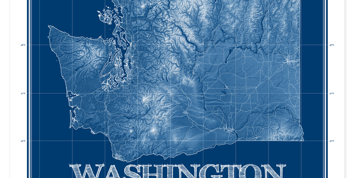 Washington State Topographic Map Wall Art Print Poster with Blue Paten ...