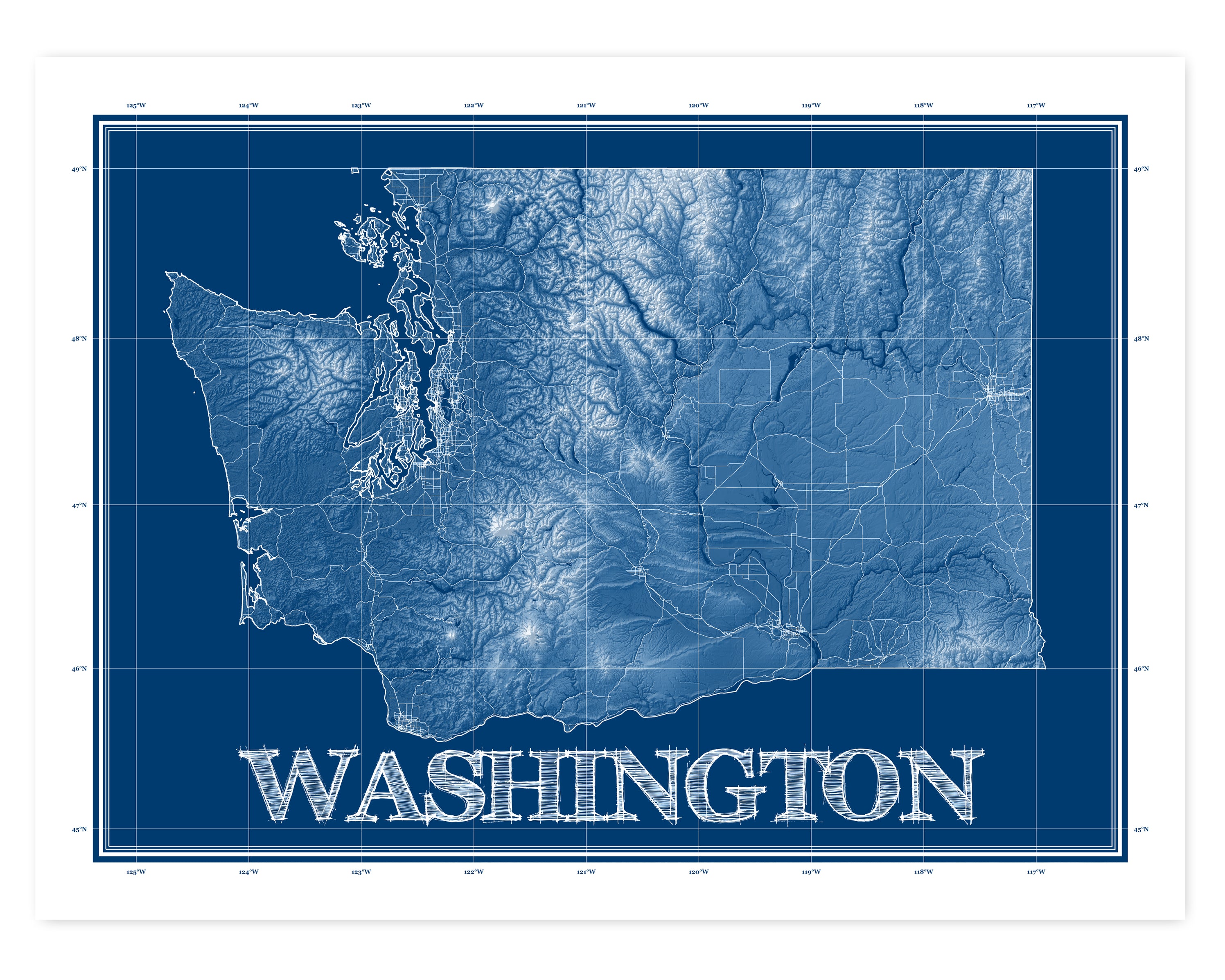 Washington State Topographic Map Wall Art Print Poster with Blue Paten ...