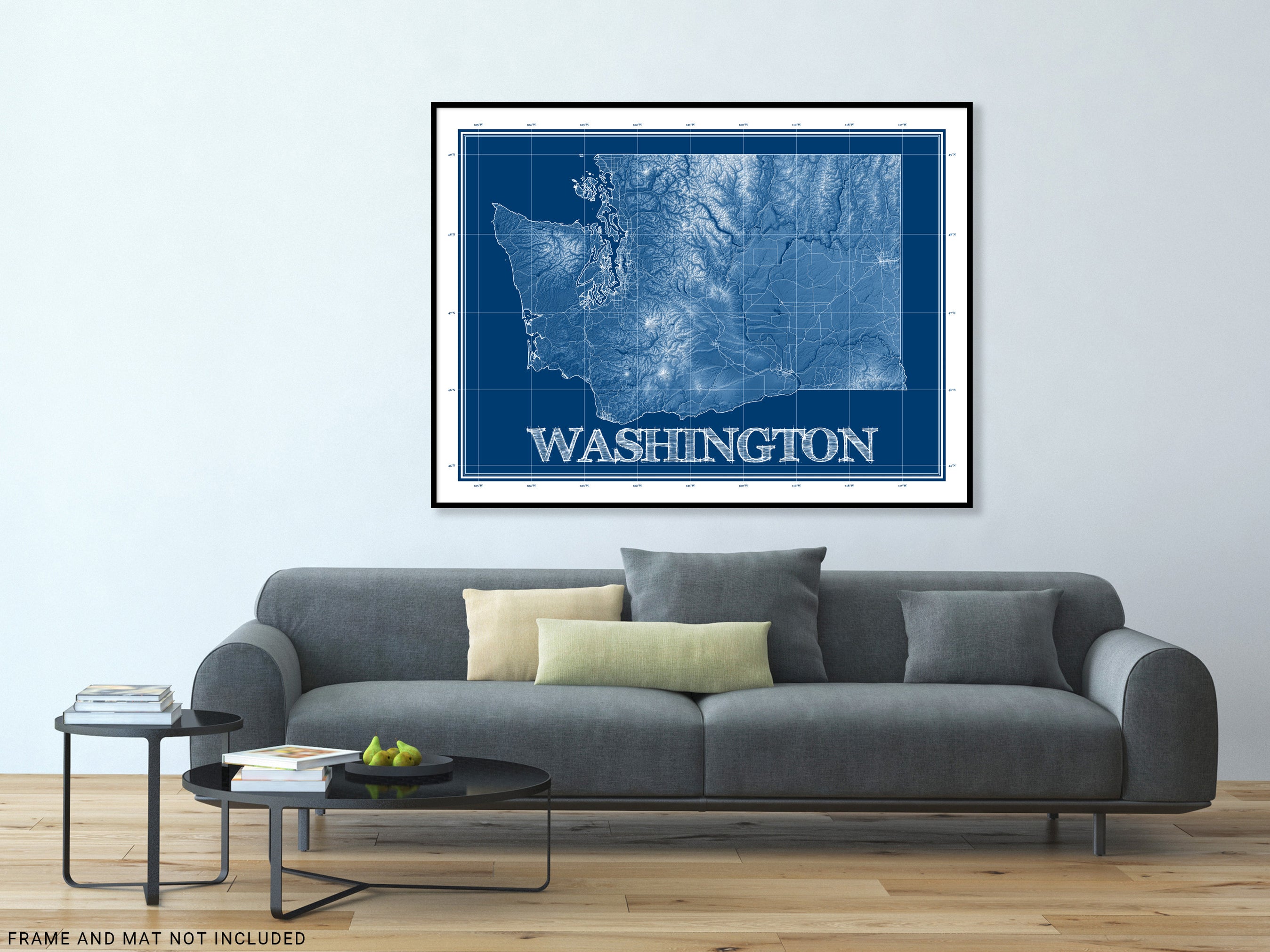 Washington State Topographic Map Wall Art Print Poster with Blue Paten ...