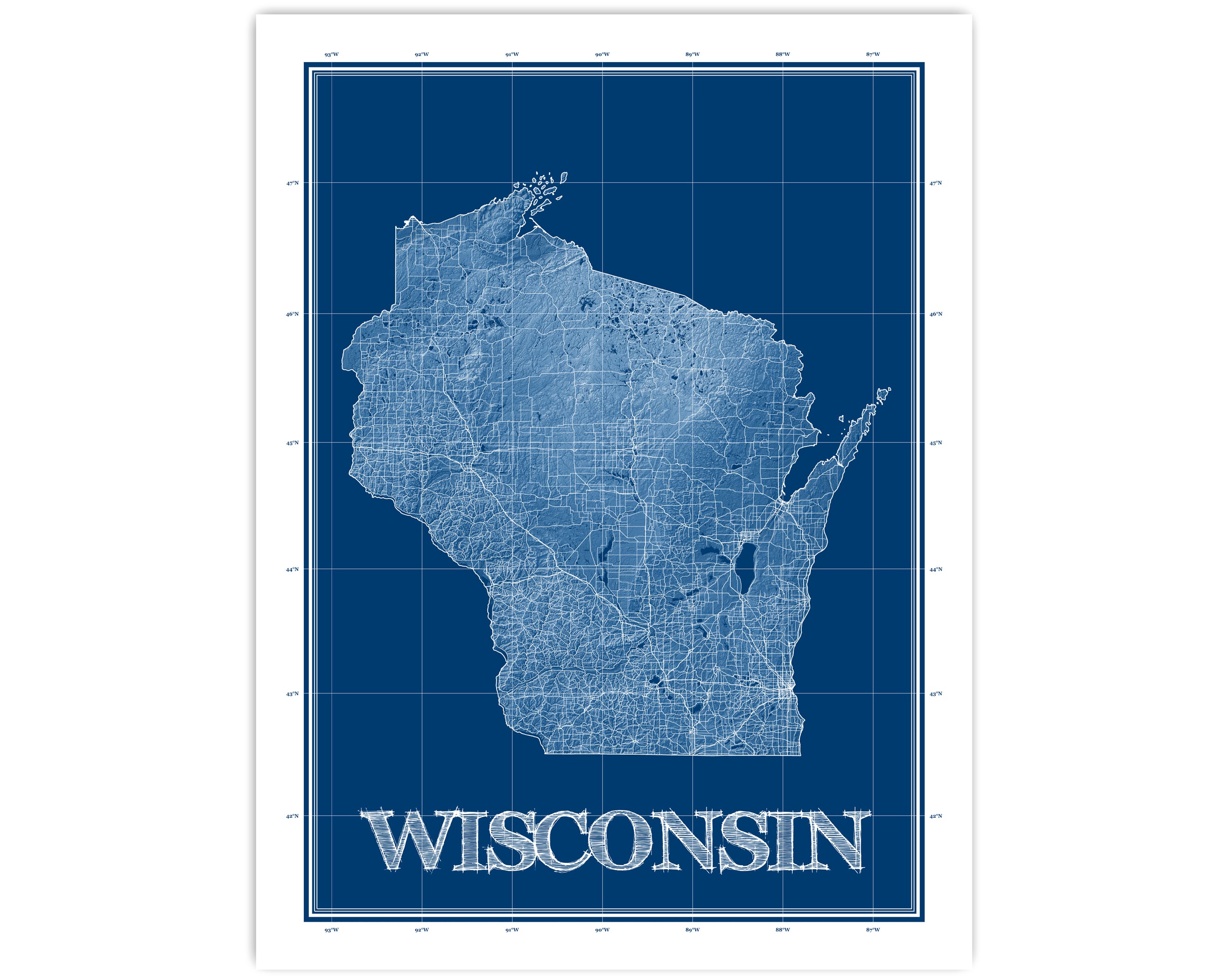 Wisconsin State Map Wall Art Print Poster with Blue Patent Blueprint D ...