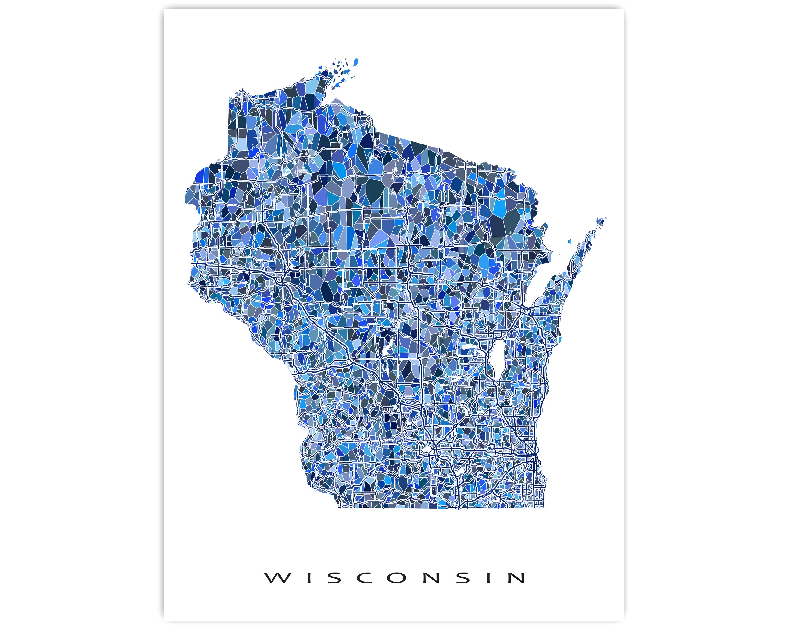 Wisconsin State Map Wall Art Print Poster with Blue Geometric Design ...