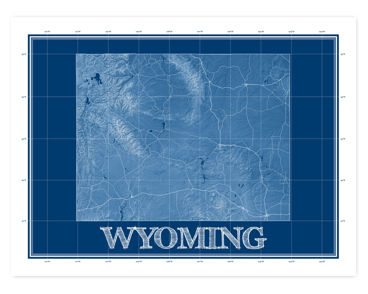 Wyoming State Map Wall Art Print Poster with Blue Patent Blueprint Des ...