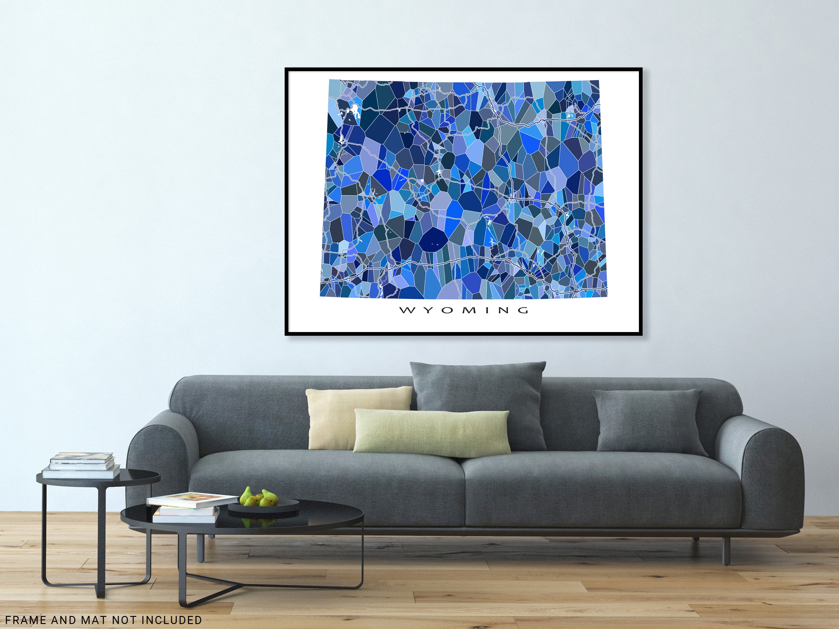 Wyoming State Map Wall Art Print Poster with Blue Geometric Design ...