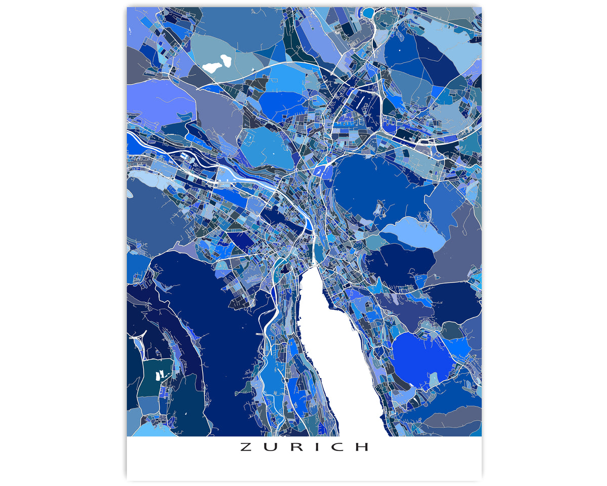 Zurich Switzerland City Street Map Wall Art Print Poster with Blue Geo ...