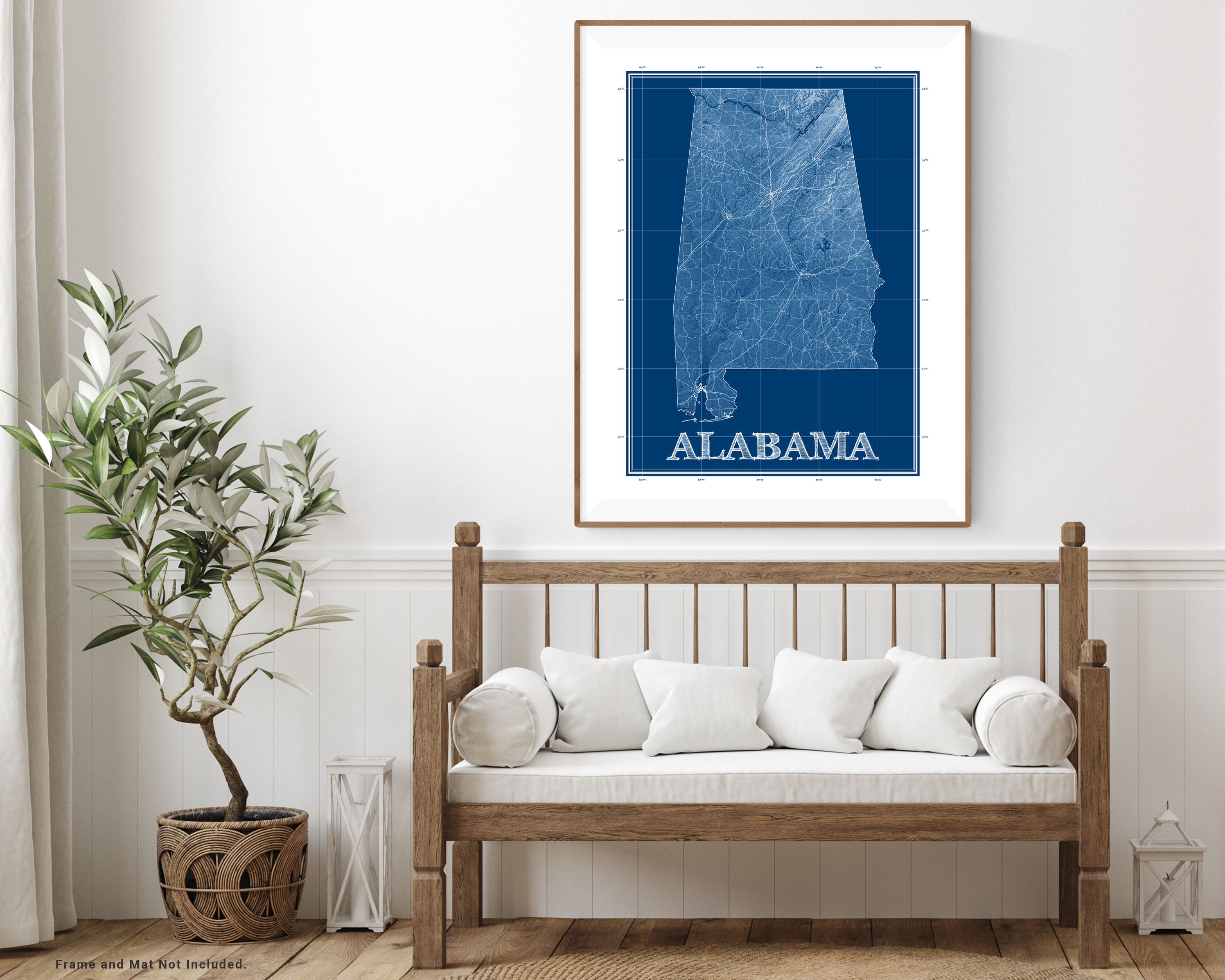 Alabama Map Wall Art Print Poster, 3D Blue Topographic Blueprint Style ...
