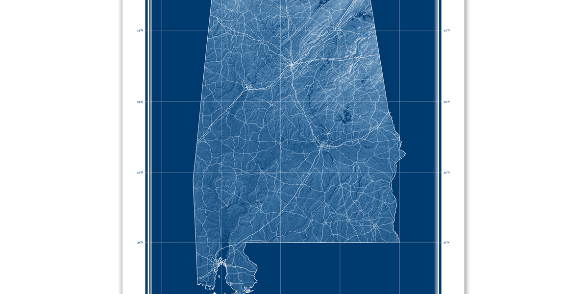 Alabama Map Wall Art Print Poster, 3D Blue Topographic Blueprint Style ...