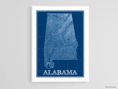 Alabama Map Wall Art Print Poster, 3D Blue Topographic Blueprint Style ...