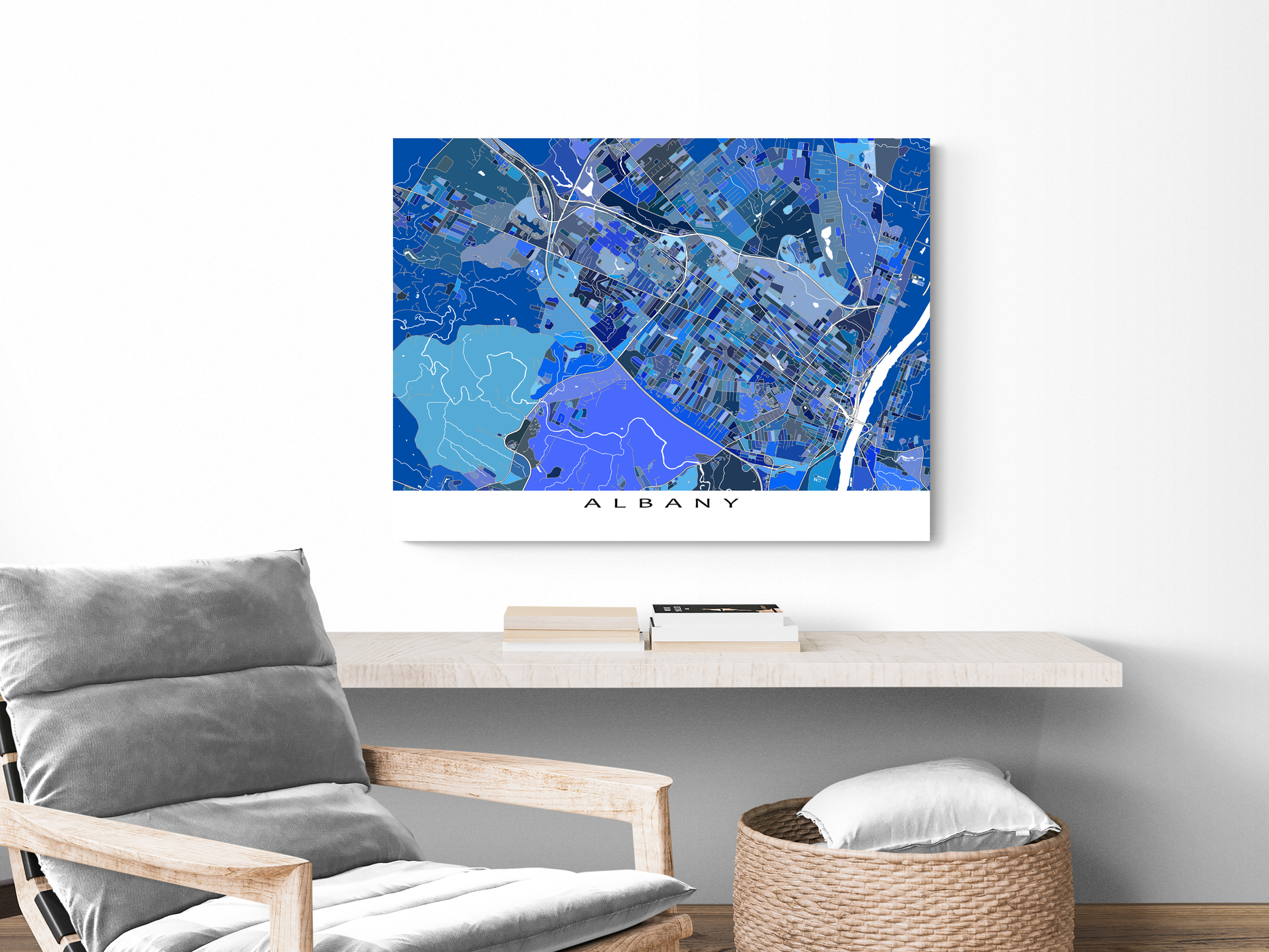 Albany Map NY Wall Art Print Poster, Blue Geometric New York, USA City ...