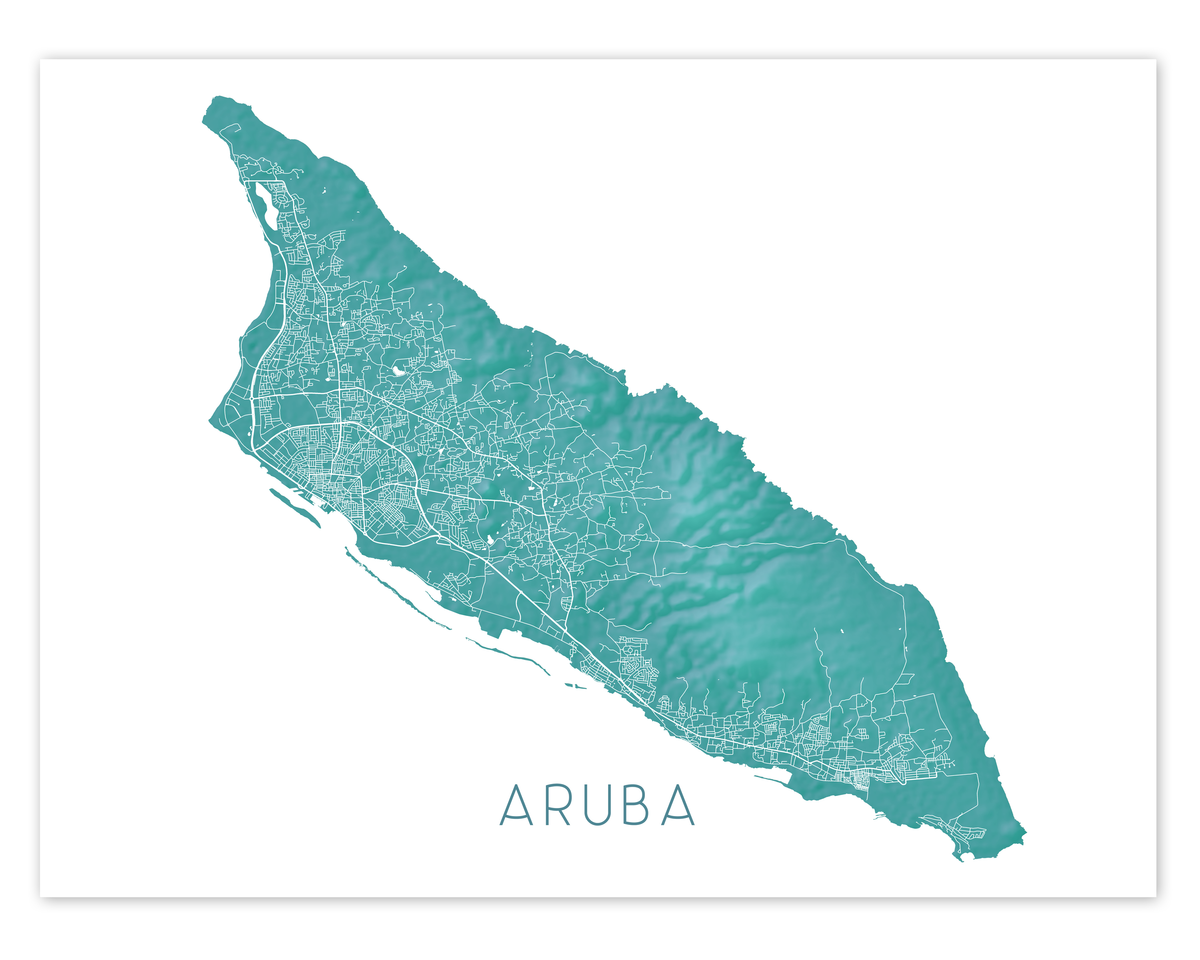 Aruba Island Map Wall Art Print Poster, Turquoise Topographic Caribbea ...