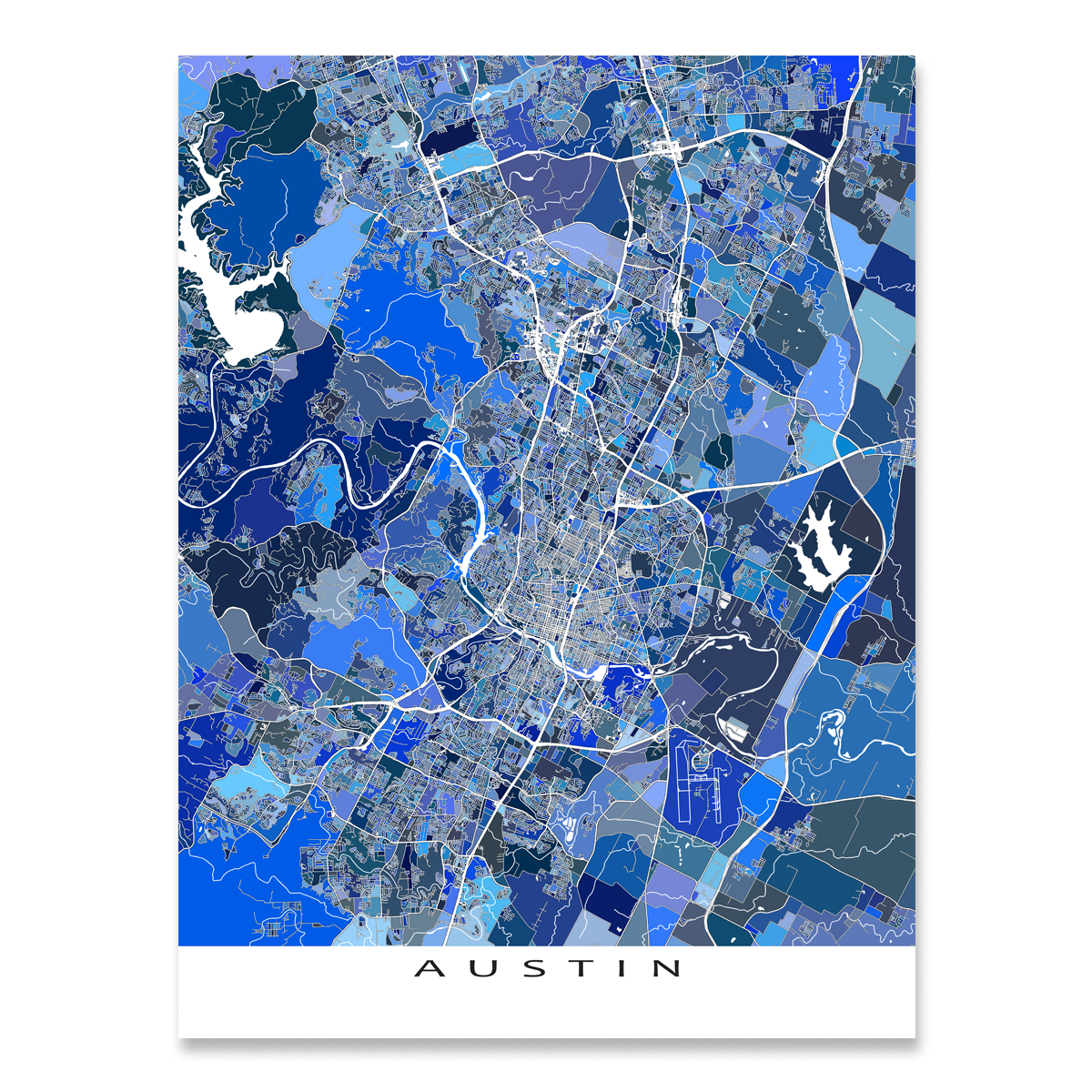 Austin Texas Map Print Poster, Blue Geometric City of Austin TX Street ...