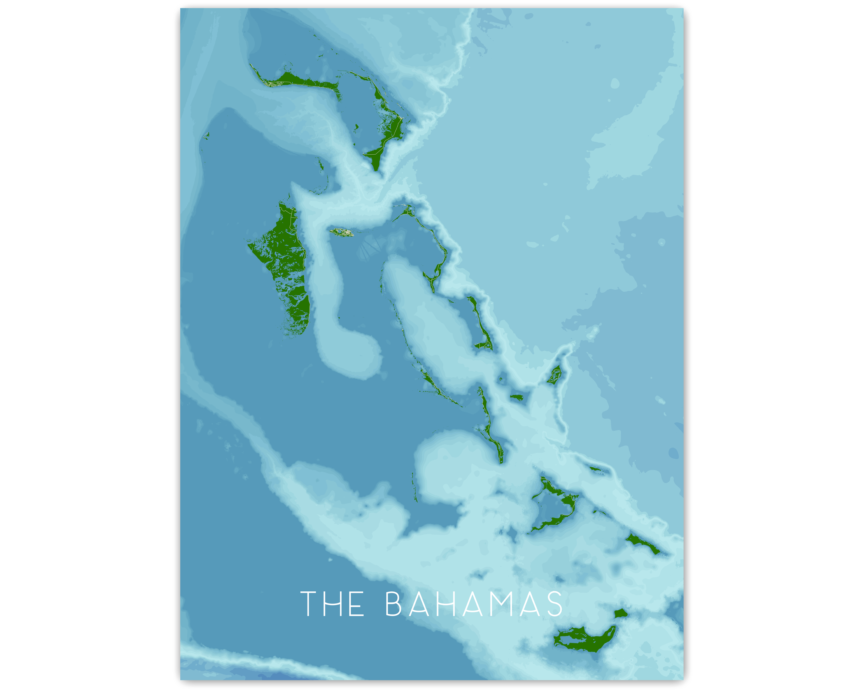 Bahamas Map Wall Art Print Poster, Caribbean Islands Blue Ocean Bathym ...