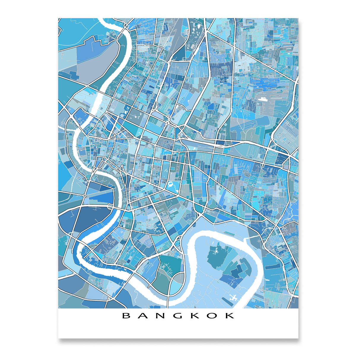 Bangkok Map Print Poster, Thailand City Street Maps, Light Blue Geomet ...