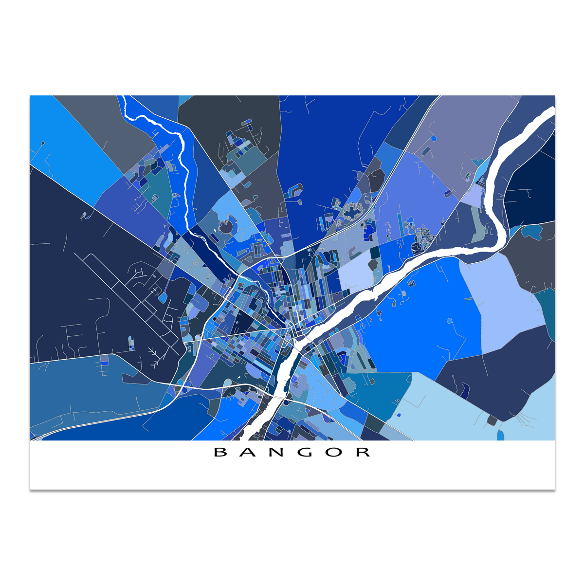 Bangor Maine Blue Geometric City Street Map Wall Art Print Poster, USA ...