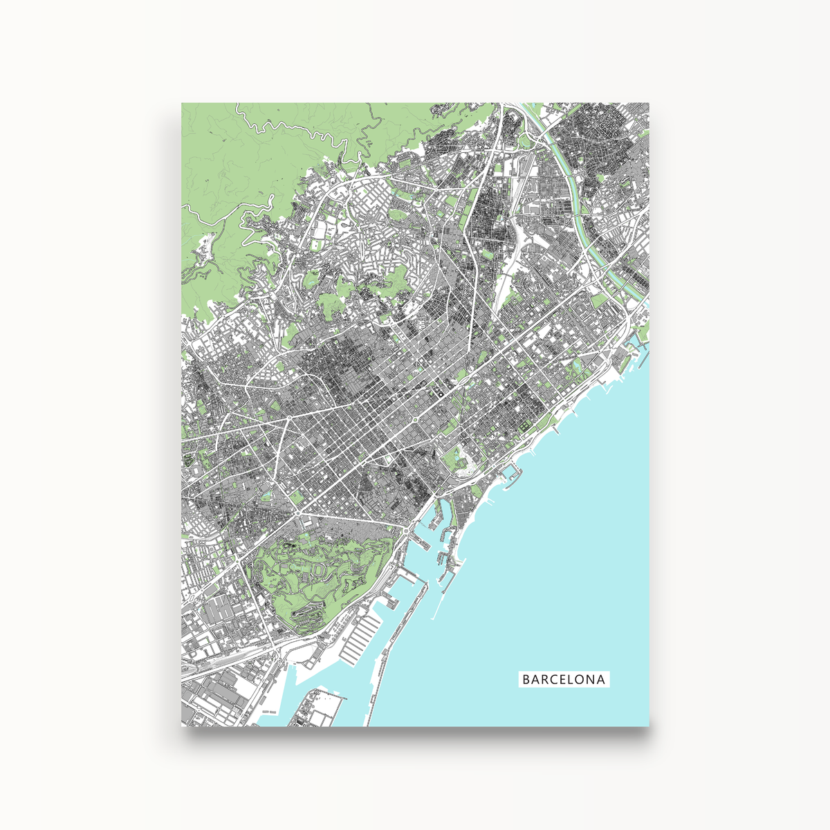 Barcelona Map Wall Art Print with Buildings, Modern Spain City Maps ...