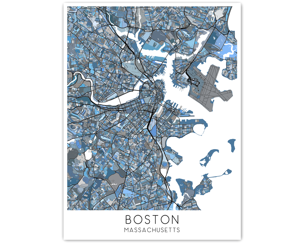 Boston Map Print - Boston Prints with Denim Blue Geometric Design, Bos ...