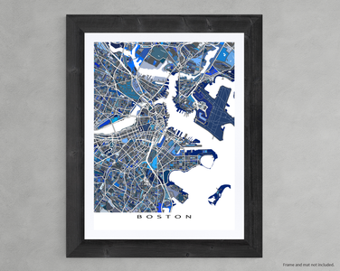 Boston Map Print, Blue Geometric Massachusetts City Street Wall Art Po ...