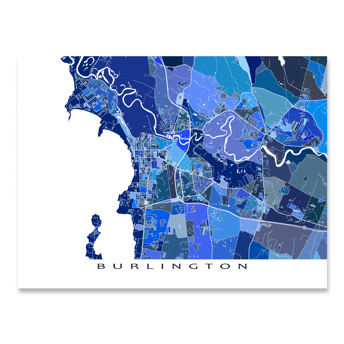 Burlington Map Wall Art Print, Blue Geometric Vermont City Maps, USA ...