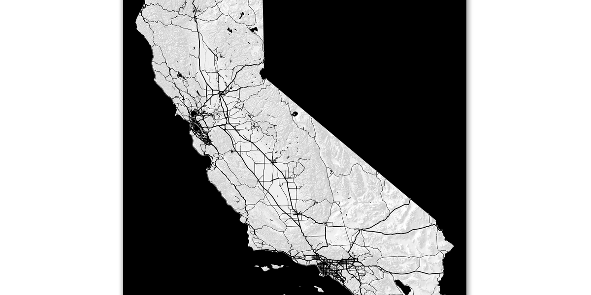 California Map Art Print, CA State Wall Poster with Roads, Colorful Ba ...