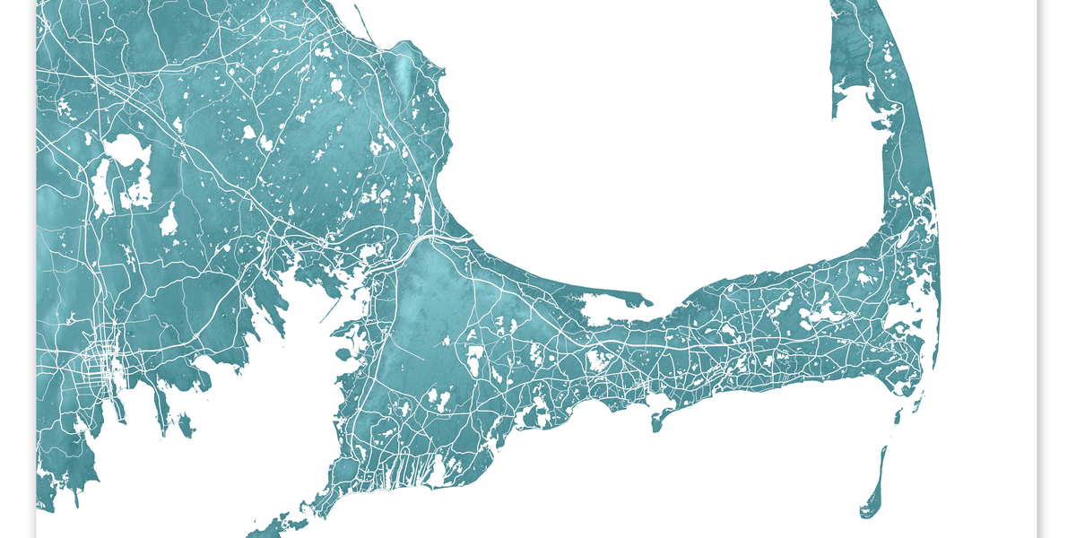 Cape Cod Map of Cape Cod Wall Art Print Poster, Turquoise Topographic ...