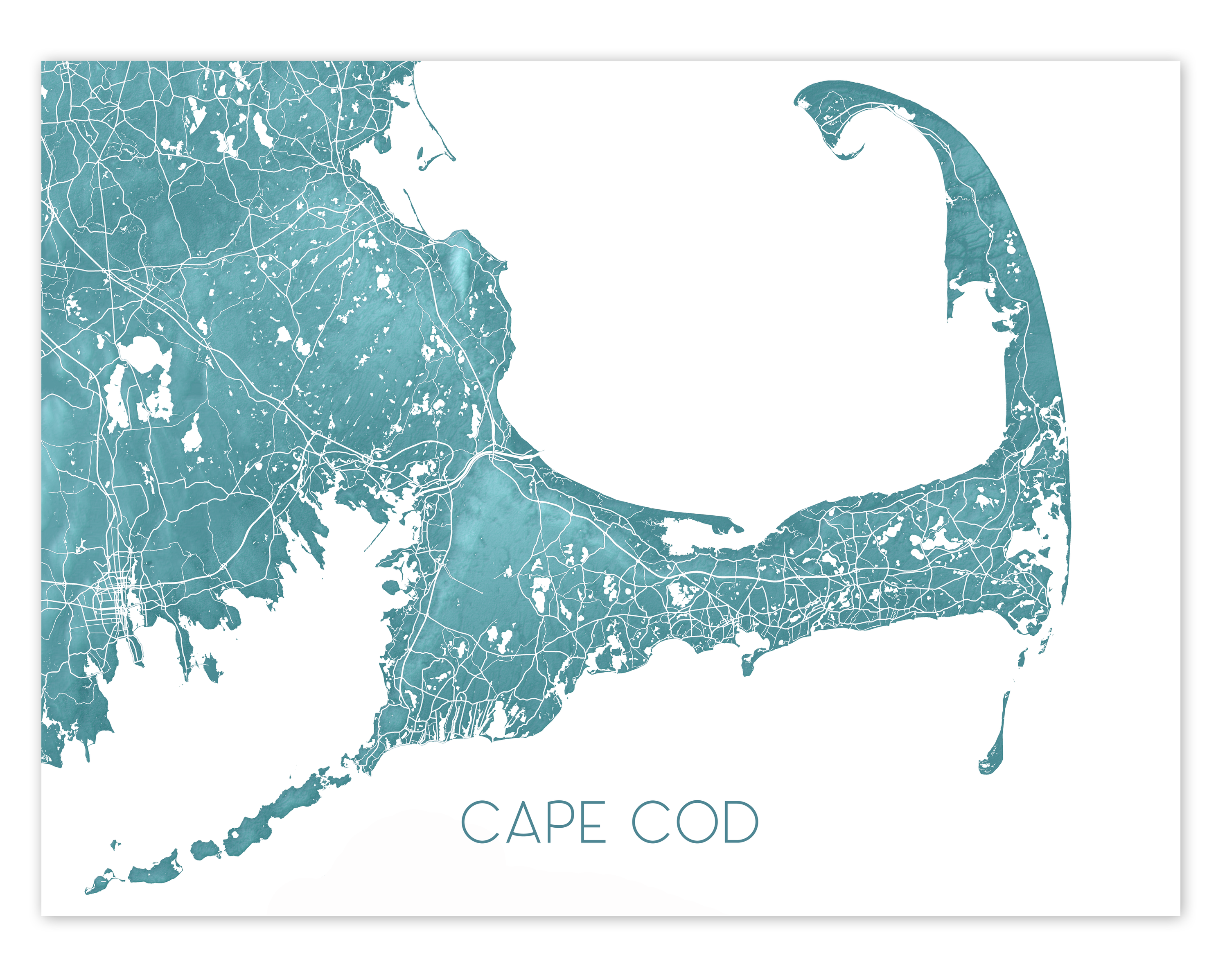 Cape Cod Map of Cape Cod Wall Art Print Poster, Turquoise Topographic ...