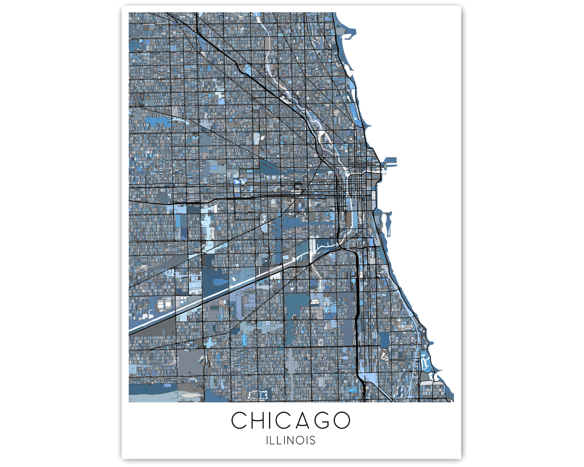 Chicago Map Print - Chicago Wall Art Prints, Denim Blue Geometric Chic ...