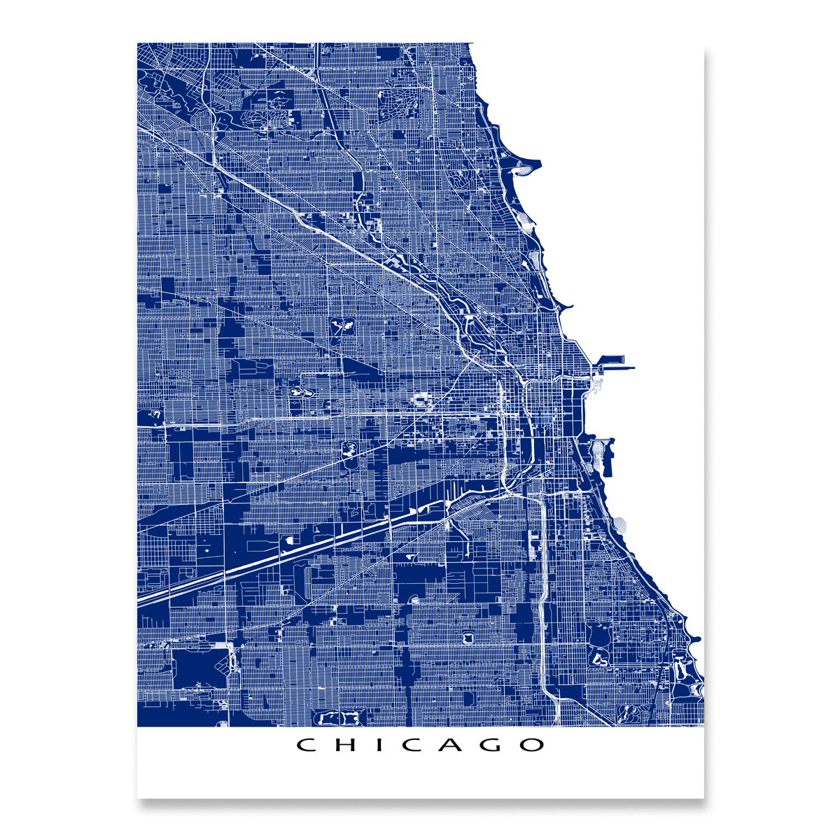 Chicago Map Wall Art Print Poster with City Streets and Roads, Illinoi ...