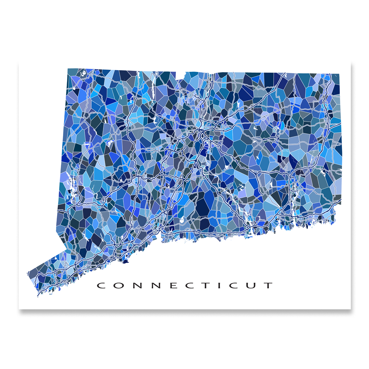 Connecticut Map Print, Blue Geometric CT State Maps — Maps As Art