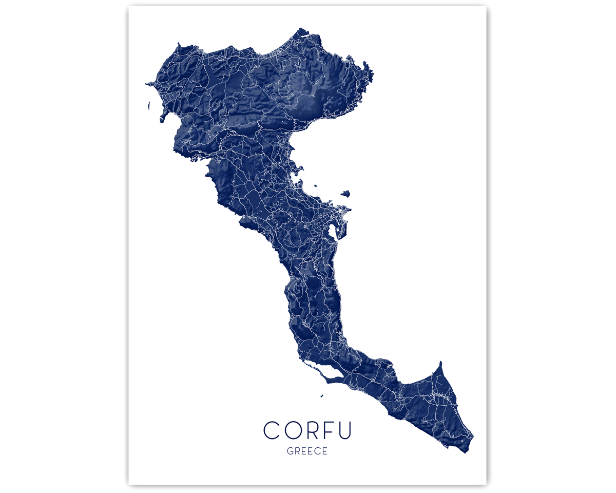 Corfu Map Print Poster, Topographic Terrain Greek Islands Wall Art, Ke ...
